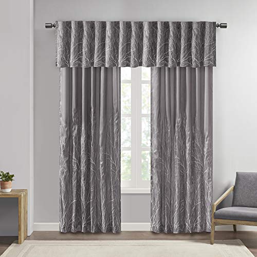 Madison Park Andora Embroidered Back Tab Fabric Single Window Living Room, Transitional Rod Pocket Light Curtain for Bedroom, 1-Panel Pack, 50 x 84, Grey