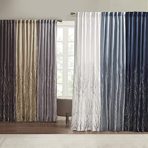 Madison Park Andora Embroidered Back Tab Fabric Single Window Living Room, Transitional Rod Pocket Light Curtain for Bedroom, 1-Panel Pack, 50 x 84, Grey