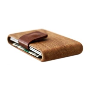 ippinka wood wallet, oak wood with leather pull-out strap, minimalist wallet for men or women, slim card and money bill holder