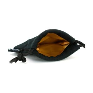 small black dice bag with gold interior double stitched snag proof satin lining | holds 21 16mm dice