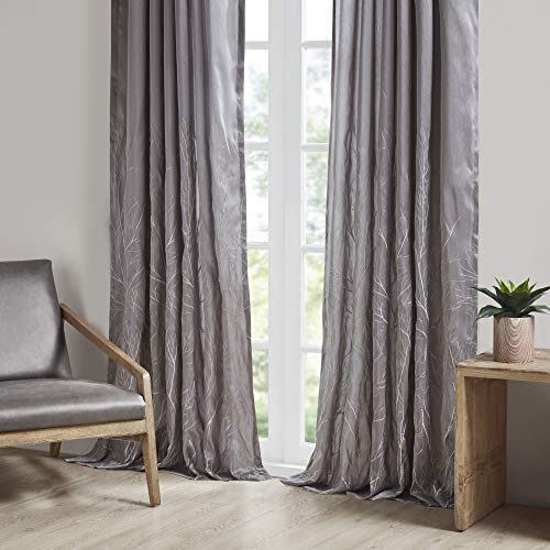 Madison Park Andora Embroidered Back Tab Fabric Single Window Living Room, Transitional Rod Pocket Light Curtain for Bedroom, 1-Panel Pack, 50 x 84, Grey