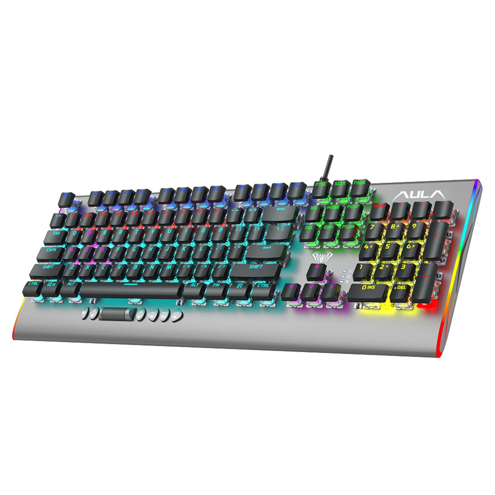 AULA F2099 Low Profile Mechanical Gaming Keyboard, with Blue Switches, Media Knob, RGB Backlight, Ultra-Thin Keycaps, 104-Keys Anti-Ghosting Programmable USB Wired Computer Keyboards