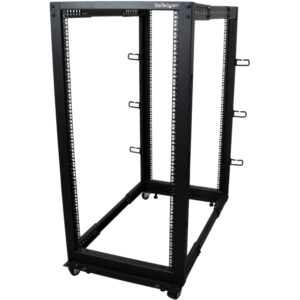 startech.com 4-post 25u mobile open frame server rack, 19in network rack with wheels, rolling rack for computer/av/data/it equipment - casters, leveling feet or floor mounting (4postrack25u)