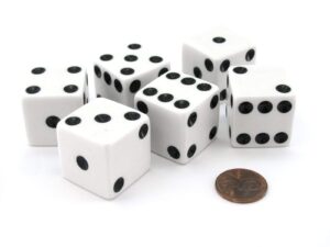 set of 6 d6 25mm large opaque jumbo dice - white with black pip by koplow games