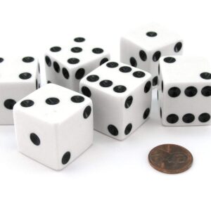 Set of 6 D6 25mm Large Opaque Jumbo Dice - White with Black Pip by Koplow Games