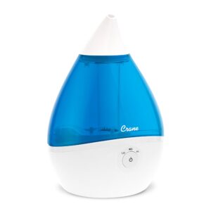 crane droplet ultrasonic small air humidifiers for bedroom and office, 0.5 gallon cool mist humidifier for plants and home, humidifier filters optional, blue and white