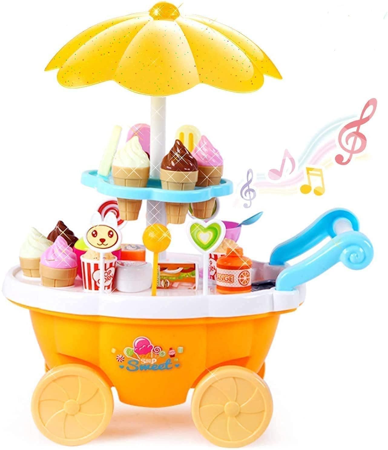 ToyVelt Ice Cream Toy Cart Play Set for Kids - 39-Piece Pretend Play Food - Educational Ice-Cream Trolley Truck with with Music & Lighting - Great Gift for Girls and Boys Ages 2,3 and up