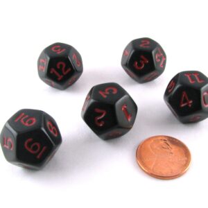 Koplow Games Set of 5 D12 12-Sided 18mm Opaque RPG Dice - Black with Red Numbers