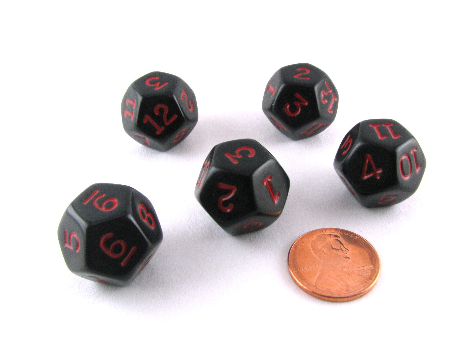 Koplow Games Set of 5 D12 12-Sided 18mm Opaque RPG Dice - Black with Red Numbers