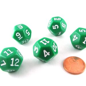 Koplow Games Set of 5 D12 12-Sided 18mm Opaque RPG Dice - Green with White Numbers