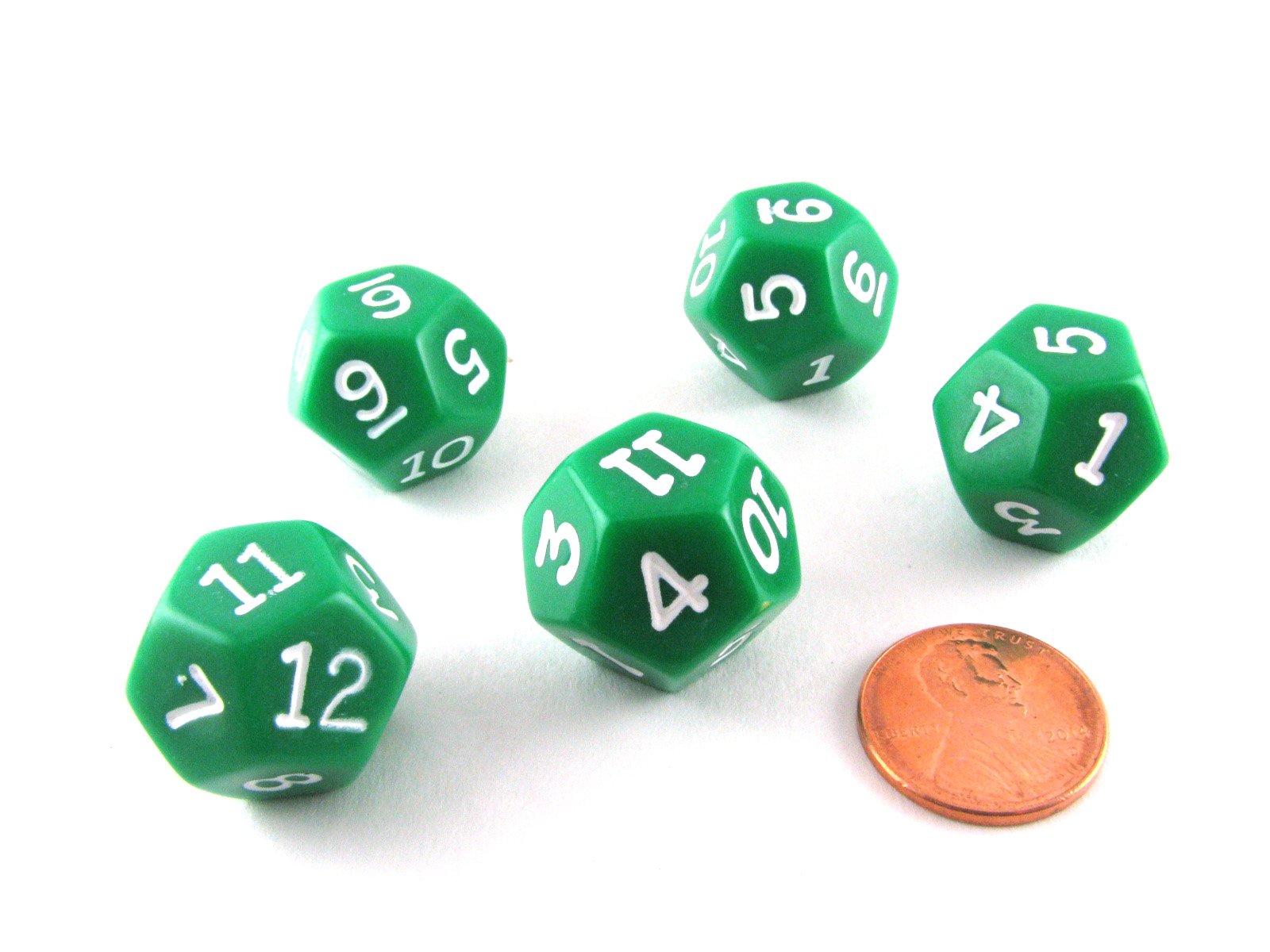 Koplow Games Set of 5 D12 12-Sided 18mm Opaque RPG Dice - Green with White Numbers