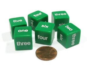 koplow games set of 6 d6 16mm word number dice - math educational die - green with white pip