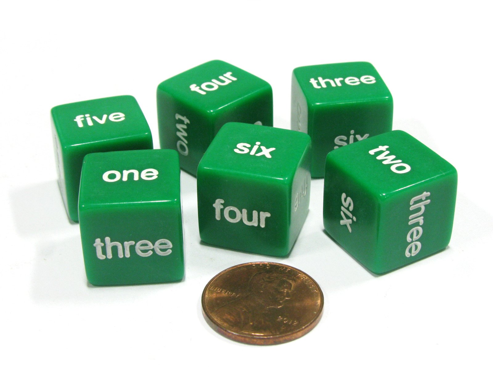 Koplow Games Set of 6 D6 16mm Word Number Dice - Math Educational Die - Green with White Pip