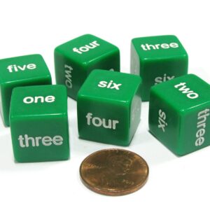 Koplow Games Set of 6 D6 16mm Word Number Dice - Math Educational Die - Green with White Pip