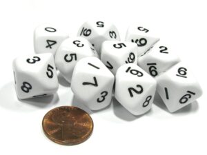 koplow games 10 piece set of 10-sided d10 polyhedral dice - white with black numbers