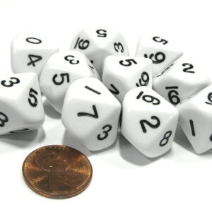 Koplow Games 10 Piece Set of 10-Sided D10 Polyhedral Dice - White with Black Numbers