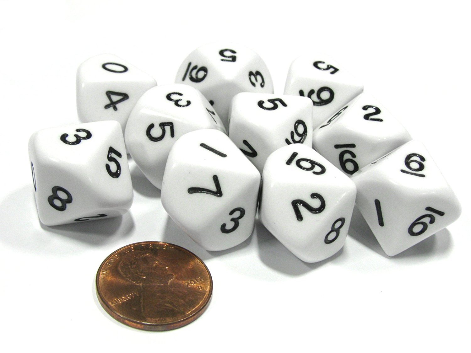 Koplow Games 10 Piece Set of 10-Sided D10 Polyhedral Dice - White with Black Numbers