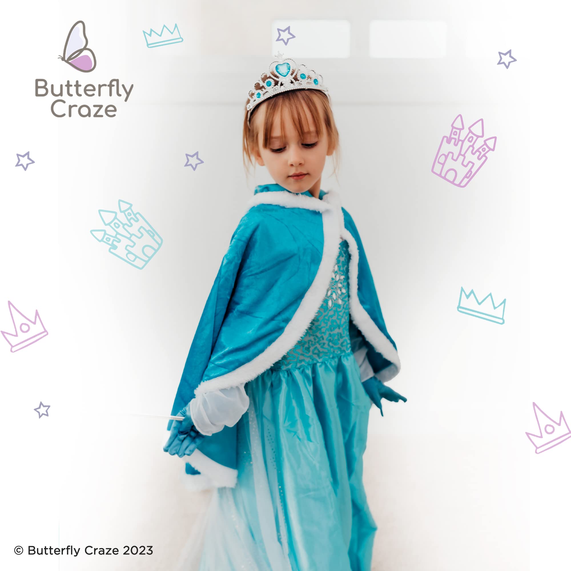 Butterfly Craze 4-Piece Accessory Set - Includes a Tiara, Gloves, Wand & Braid For Ice Queen Dress Up, Costume Parties, Playtime, & Pretend Play for Toddlers, Unleash Your Child's Inner Snow Princess