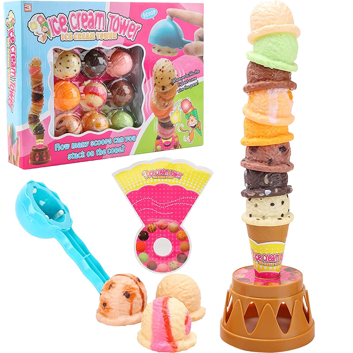 Ice Cream Toy Stacking Tower - Balancing and Stackable Scoop Ice Cream for Toddlers, Kids Pretend Food Play Set Kitchen Dessert