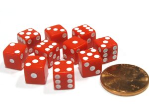 set of 10 red 8mm six sided d6 small square dice with white pips by koplow games