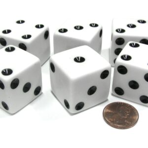 Set of 6 D6 25mm Large Opaque Jumbo Dice - White with Black Pip by Koplow Games