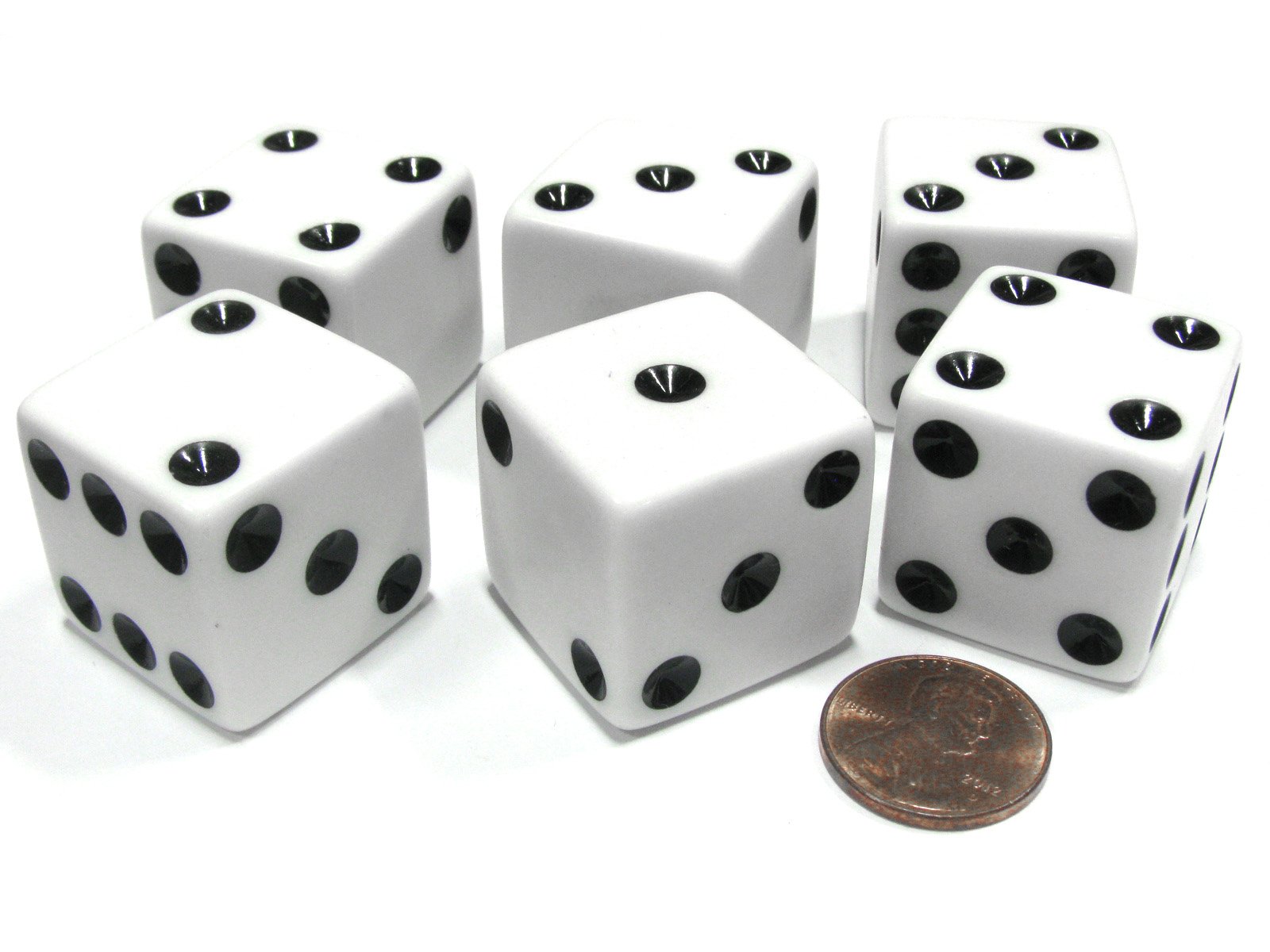 Set of 6 D6 25mm Large Opaque Jumbo Dice - White with Black Pip by Koplow Games