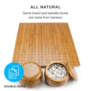 Brybelly Go Set All Natural Bamboo Wood Go Board | Bowls and 361 Bakelite Stones | 2-Player - Classic Chinese Strategy Board Game | Measures 19 x 19in Top Side or 13 x 13in Under Side Beginner's Board