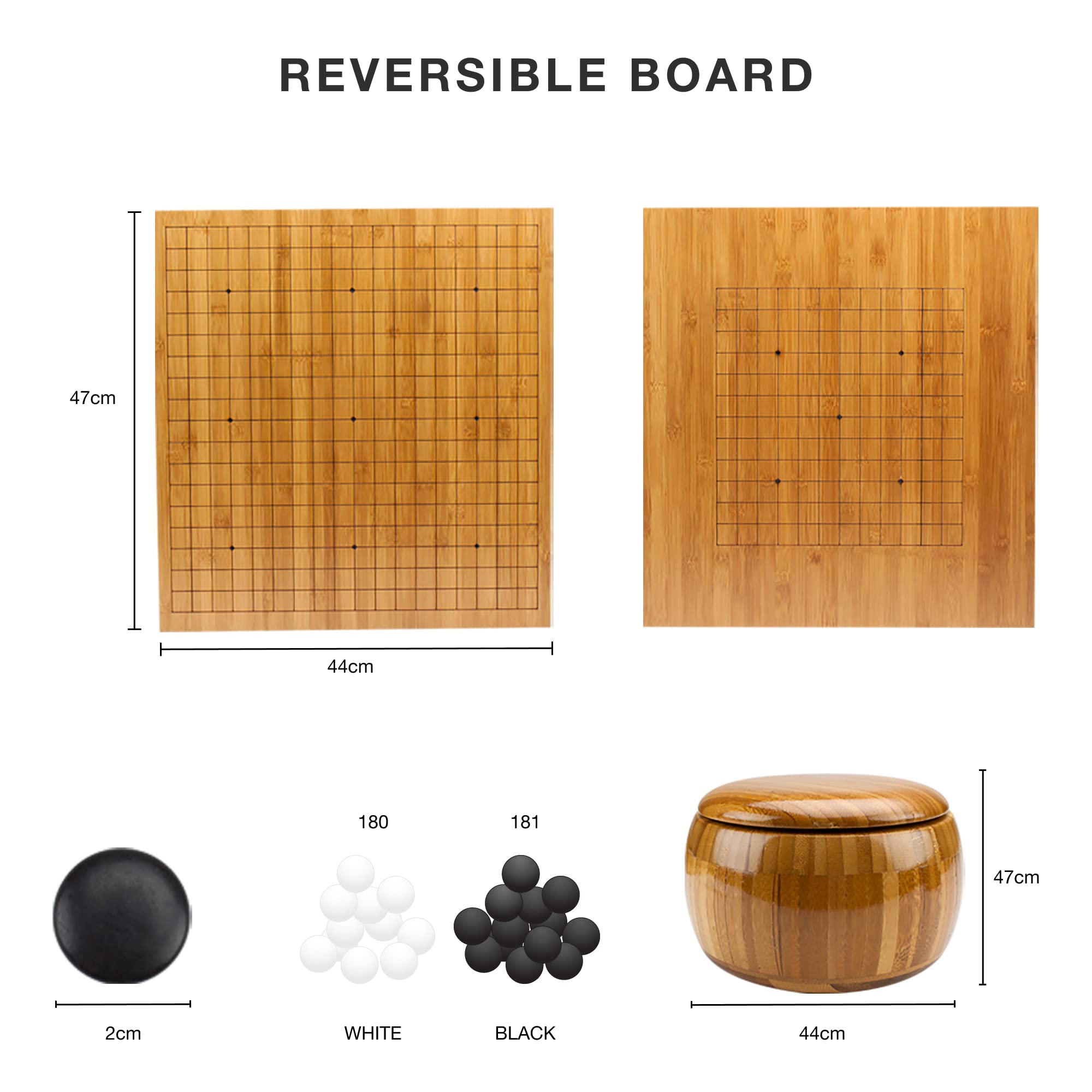 Brybelly Go Set All Natural Bamboo Wood Go Board | Bowls and 361 Bakelite Stones | 2-Player - Classic Chinese Strategy Board Game | Measures 19 x 19in Top Side or 13 x 13in Under Side Beginner's Board