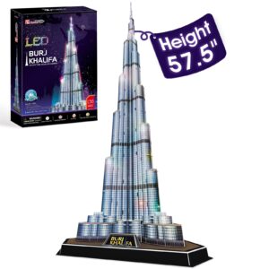 cubicfun 3d puzzles led dubai burj khalifa 57.5" h architecture building model kits for adults, souvenir decoration and birthday gifts for men and women, the tallest tower 136 pcs