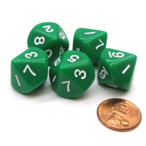 Koplow Games Set of 5 D10 10-Sided 20mm Opaque RPG Dice - Green with White Numbers