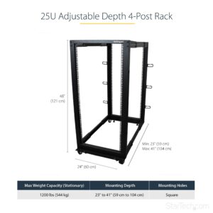 StarTech.com 4-Post 25U Mobile Open Frame Server Rack, 19in Network Rack with Wheels, Rolling Rack for Computer/AV/Data/IT Equipment - Casters, Leveling Feet or Floor Mounting (4POSTRACK25U)