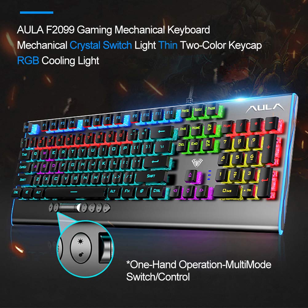 AULA F2099 Low Profile Mechanical Gaming Keyboard, with Blue Switches, Media Knob, RGB Backlight, Ultra-Thin Keycaps, 104-Keys Anti-Ghosting Programmable USB Wired Computer Keyboards