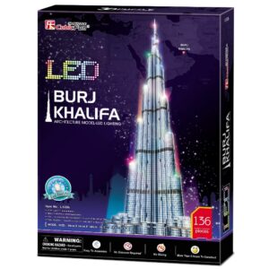 CubicFun 3D Puzzles LED Dubai Burj Khalifa 57.5" H Architecture Building Model Kits for Adults, Souvenir Decoration and Birthday Gifts for Men and Women, the Tallest Tower 136 Pcs