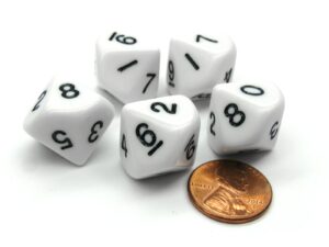 koplow games set of 5 d10 10-sided 20mm opaque rpg dice - white with black numbers