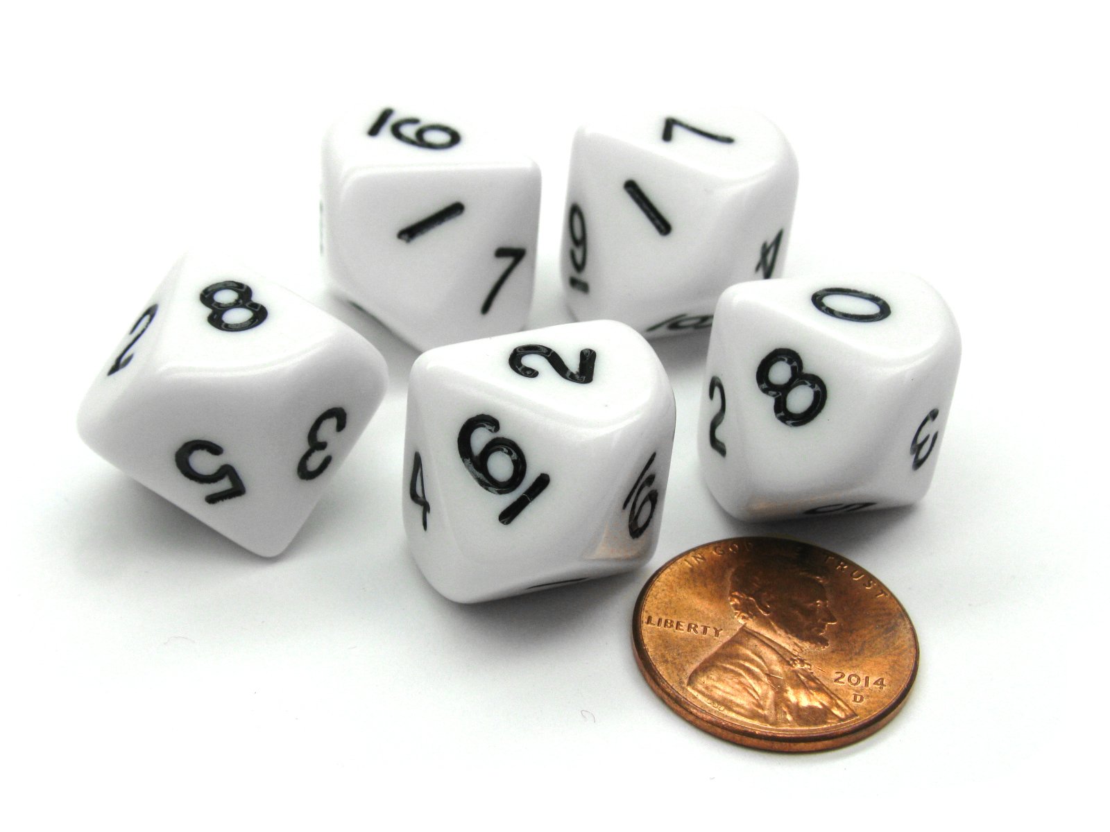 Koplow Games Set of 5 D10 10-Sided 20mm Opaque RPG Dice - White with Black Numbers