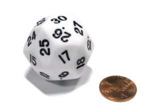 koplow games triantakohedron d30 30 sided 33mm jumbo rpg gaming dice - white w black number