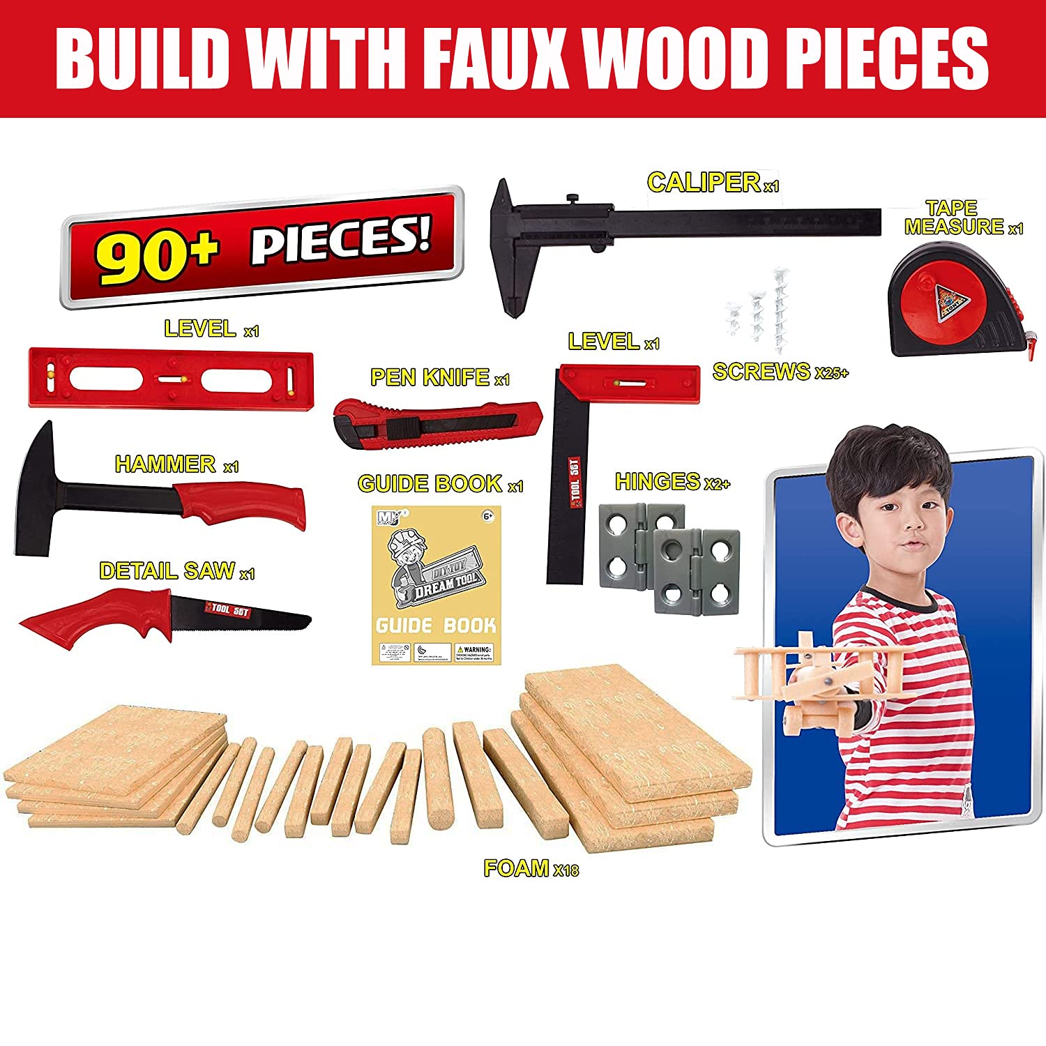 Real Construction Deluxe Workshop – 90 Piece Kids Tool Playset for Teaching Carpentry and Engineering with 8 Project Plans, Safe Faux Foam Wood, and Realistic Tools for Creative Building Fun