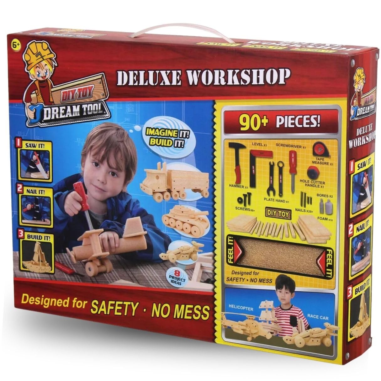 Real Construction Deluxe Workshop – 90 Piece Kids Tool Playset for Teaching Carpentry and Engineering with 8 Project Plans, Safe Faux Foam Wood, and Realistic Tools for Creative Building Fun