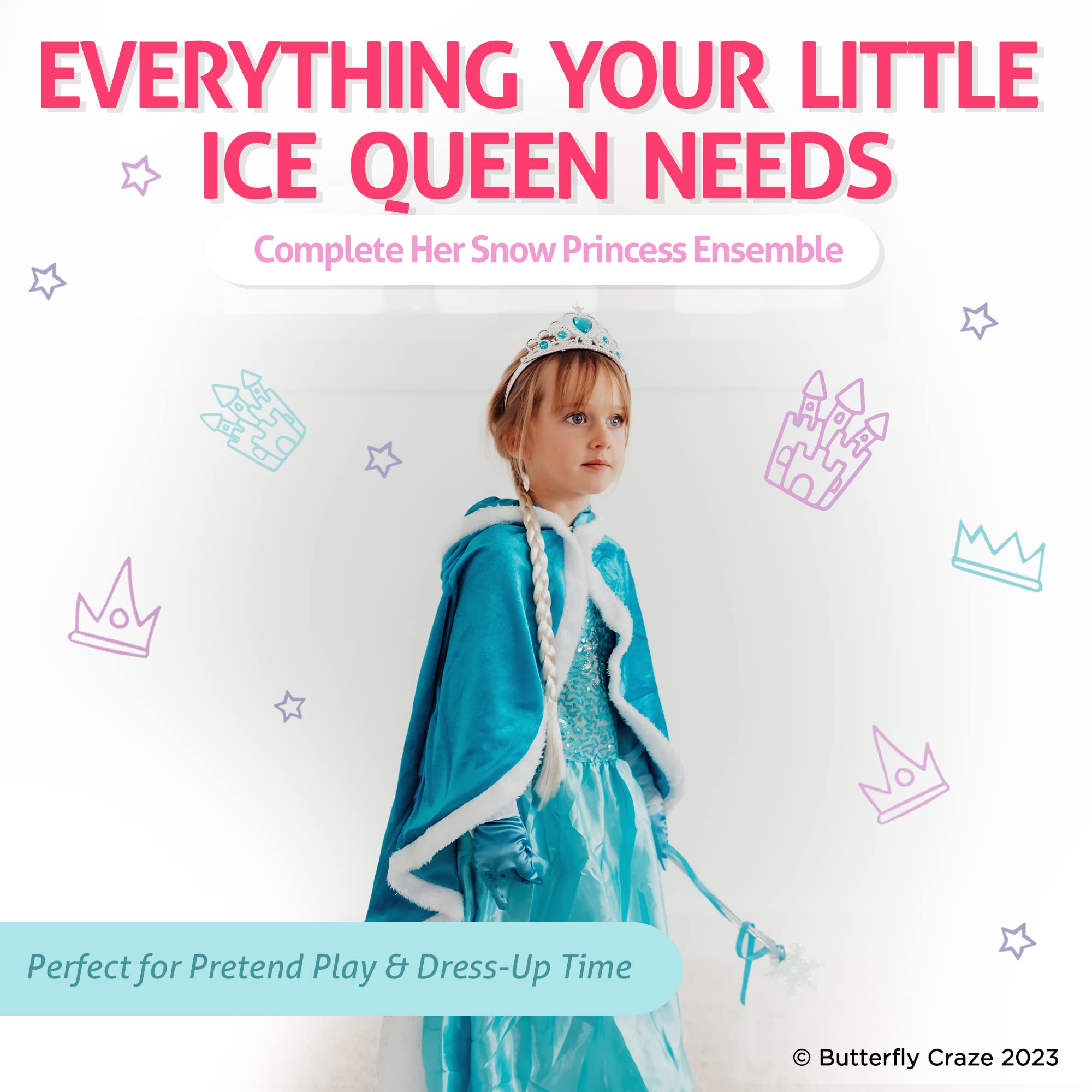 Butterfly Craze 4-Piece Accessory Set - Includes a Tiara, Gloves, Wand & Braid For Ice Queen Dress Up, Costume Parties, Playtime, & Pretend Play for Toddlers, Unleash Your Child's Inner Snow Princess