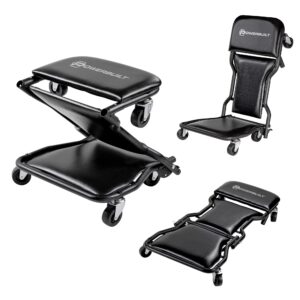 powerbuilt 42-inch triplex folding creeper, rolling seat, and brake stool, all-in-one adjustable roller garage chair, lay down or sit, black 620469