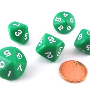 Koplow Games Set of 5 D10 10-Sided 20mm Opaque RPG Dice - Green with White Numbers