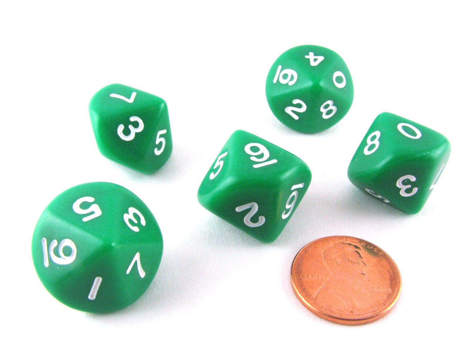 Koplow Games Set of 5 D10 10-Sided 20mm Opaque RPG Dice - Green with White Numbers