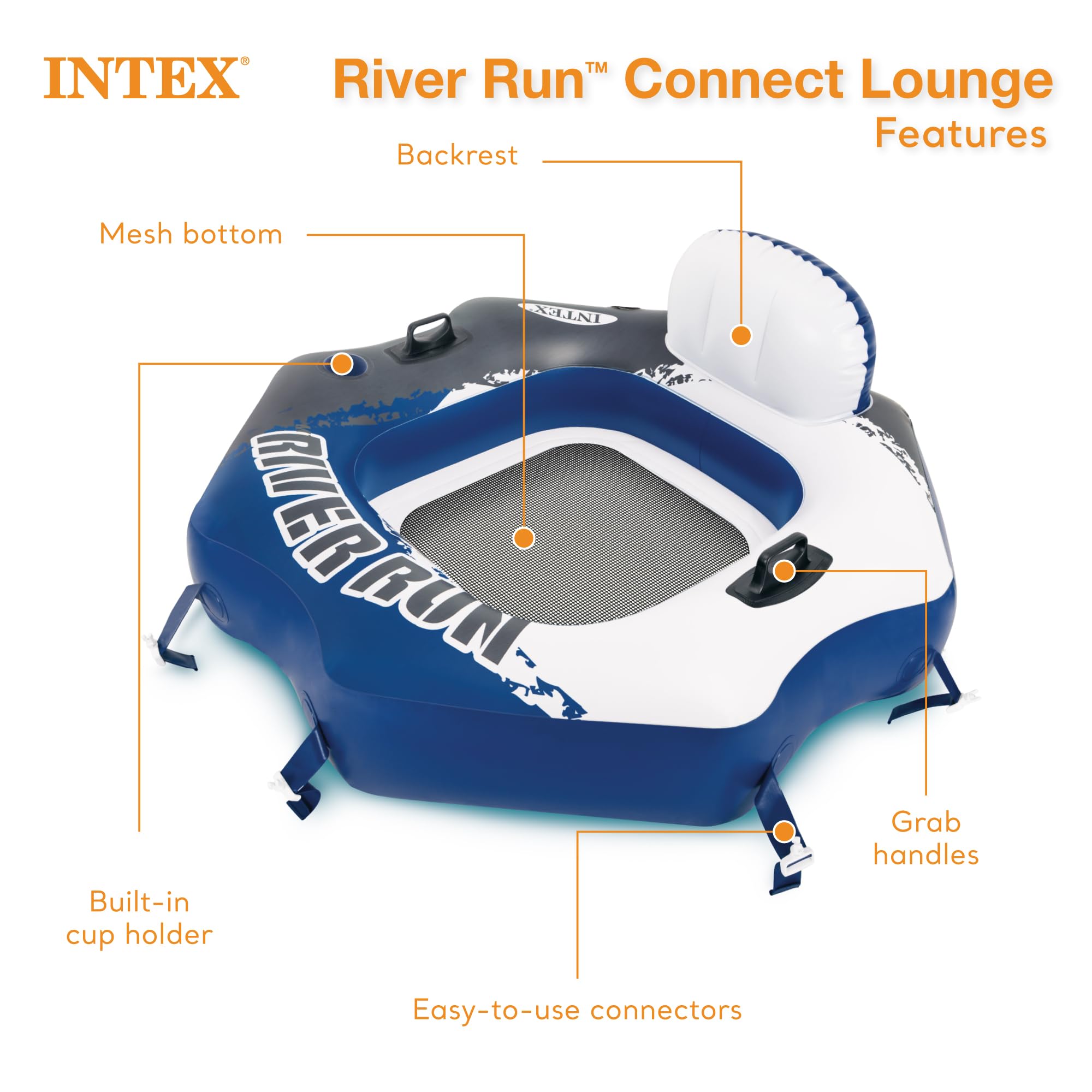 Intex 58854EP River Run Connect Inflatable Floating Lounge: Comfortable Backrest – Built-in Cup Holder – Durable Grab Handles – Easy-to-Use Connectors – 220lb Weight Capacity