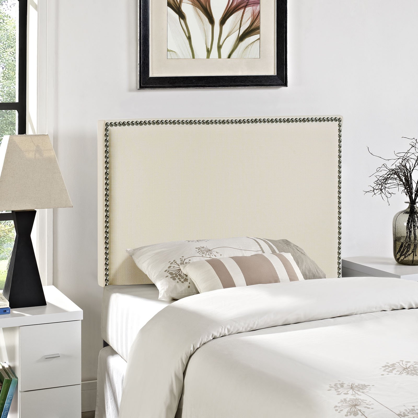 Modway MOD-5218 Region Linen Fabric Upholstered Twin Headboard in Ivory with Nailhead Trim