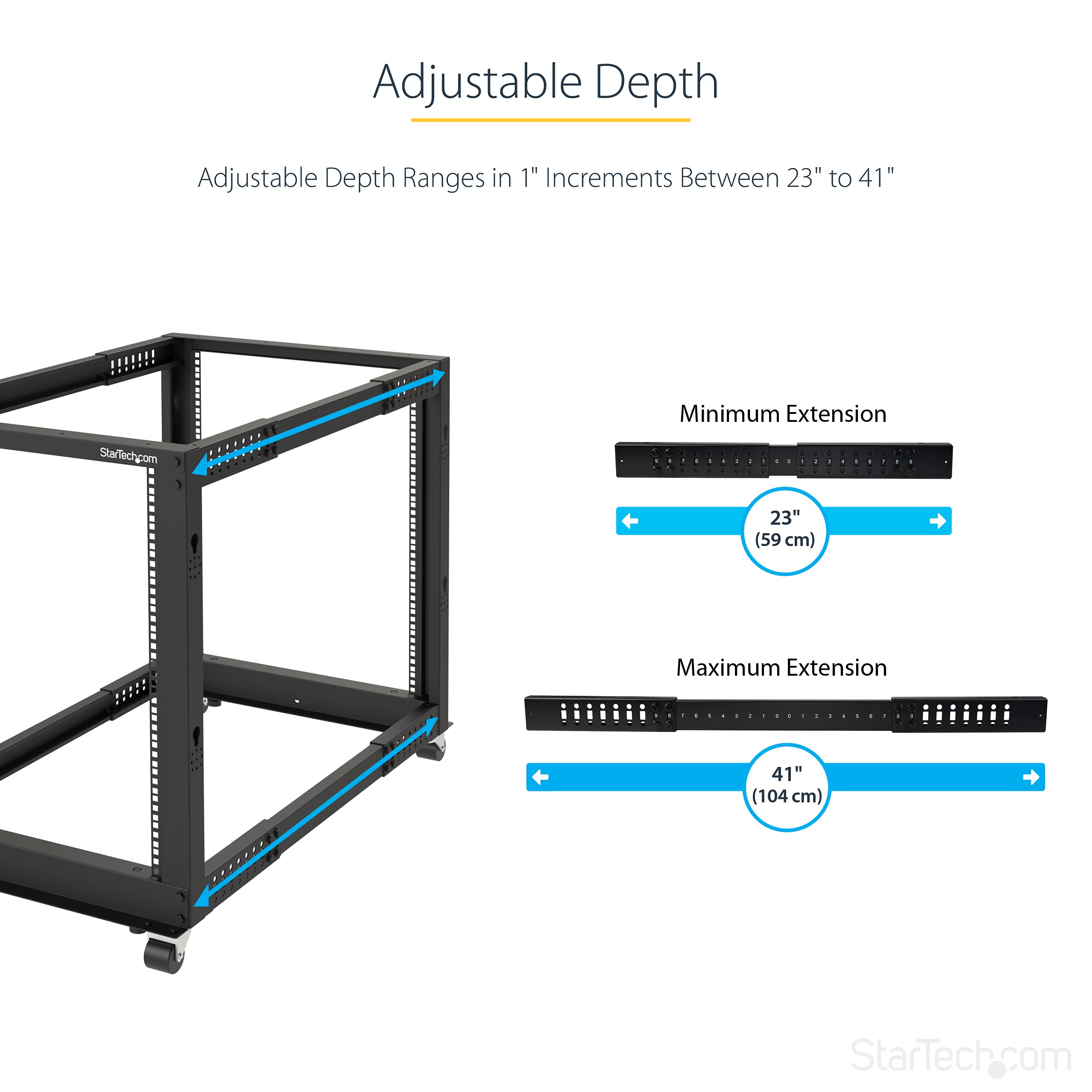 StarTech.com 4-Post 25U Mobile Open Frame Server Rack, 19in Network Rack with Wheels, Rolling Rack for Computer/AV/Data/IT Equipment - Casters, Leveling Feet or Floor Mounting (4POSTRACK25U)