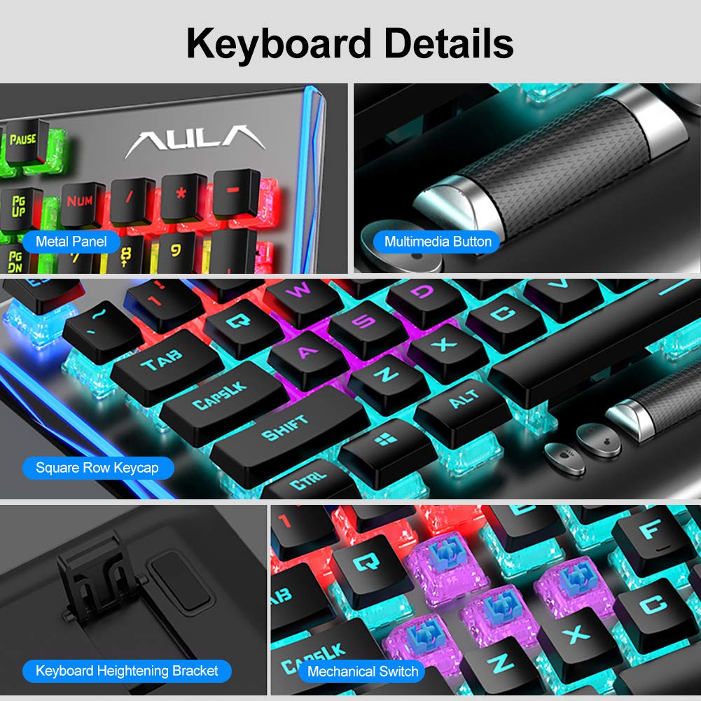 AULA F2099 Low Profile Mechanical Gaming Keyboard, with Blue Switches, Media Knob, RGB Backlight, Ultra-Thin Keycaps, 104-Keys Anti-Ghosting Programmable USB Wired Computer Keyboards