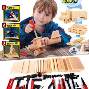 Real Construction Deluxe Workshop – 90 Piece Kids Tool Playset for Teaching Carpentry and Engineering with 8 Project Plans, Safe Faux Foam Wood, and Realistic Tools for Creative Building Fun