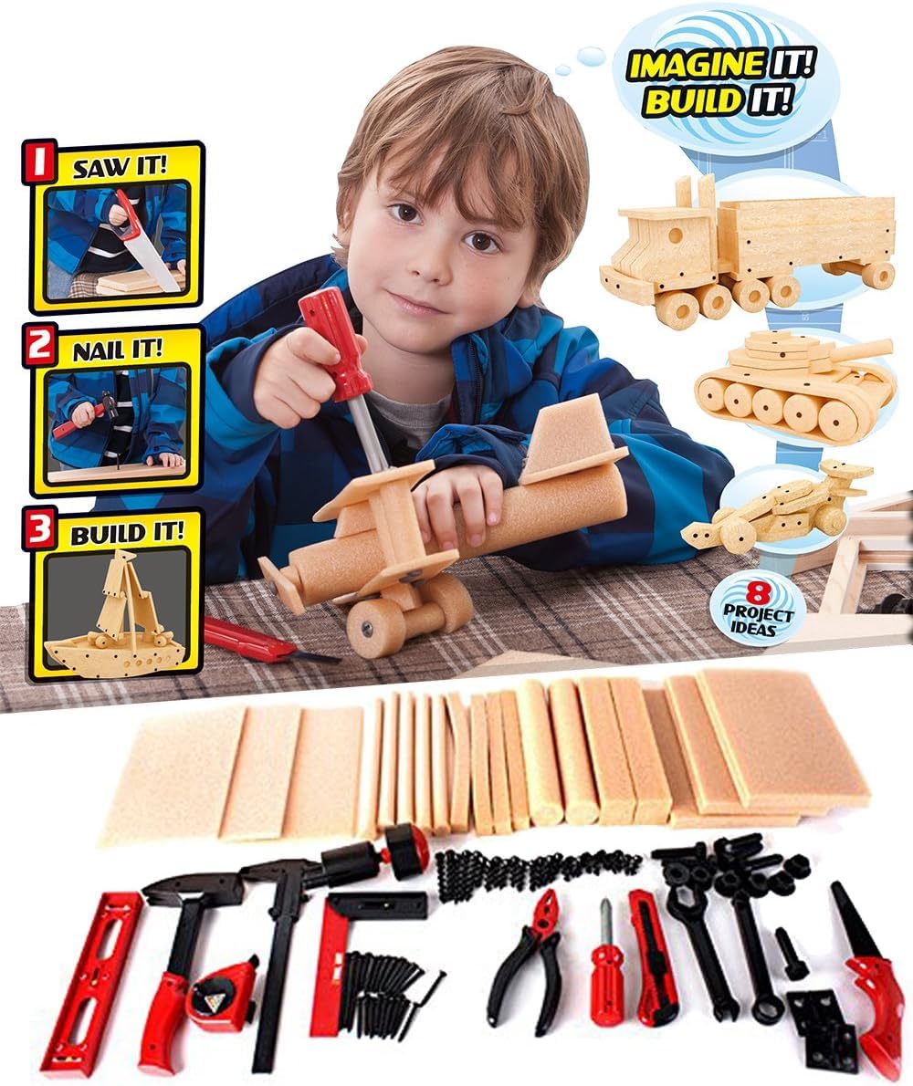 Real Construction Deluxe Workshop – 90 Piece Kids Tool Playset for Teaching Carpentry and Engineering with 8 Project Plans, Safe Faux Foam Wood, and Realistic Tools for Creative Building Fun