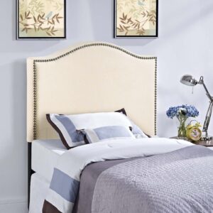 Modway Curl Linen Fabric Upholstered King Headboard with Nailhead Trim and Curved Shape in Ivory