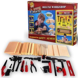 real construction deluxe workshop – 90 piece kids tool playset for teaching carpentry and engineering with 8 project plans, safe faux foam wood, and realistic tools for creative building fun